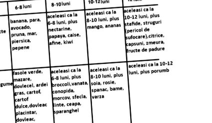 Табела со зеленчук и овошје за бебиња